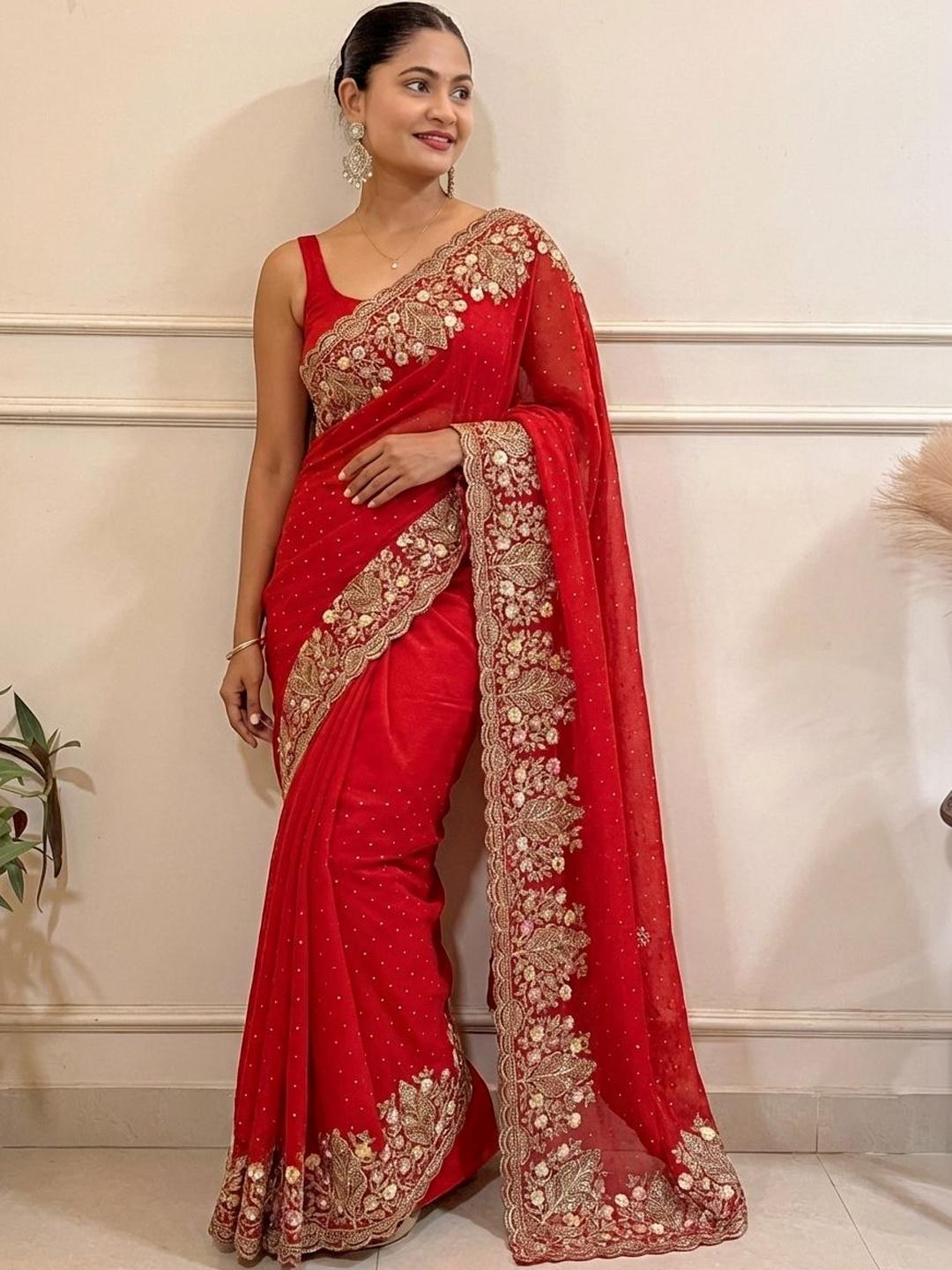 Buy Kalista Embellished Embroidered Pure Chiffon Heavy Work Saree ...
