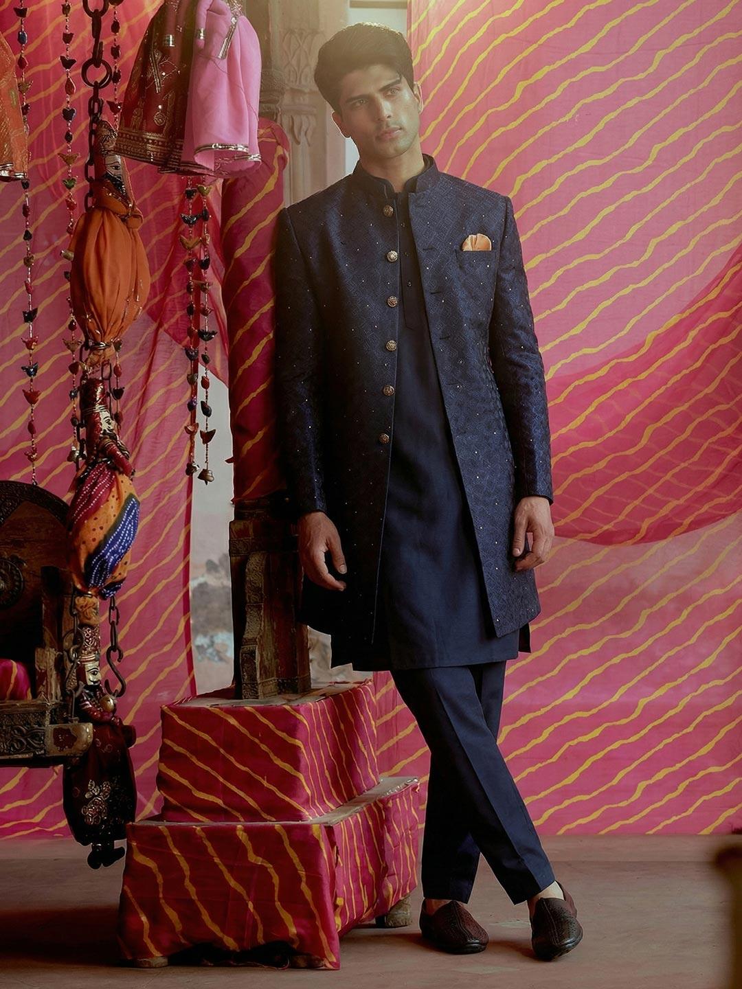 Buy KISAH Men Self Design Khari Print Kurta With Indowestern Sherwani ...