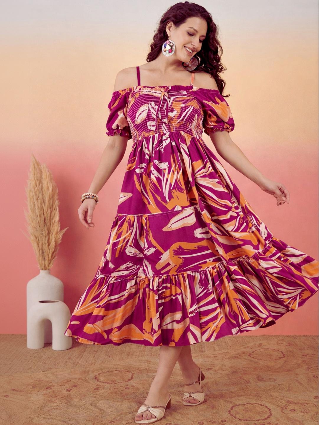 Buy PTVIZE Floral Print Off Shoulder Puff Sleeve Crepe A Line Midi ...