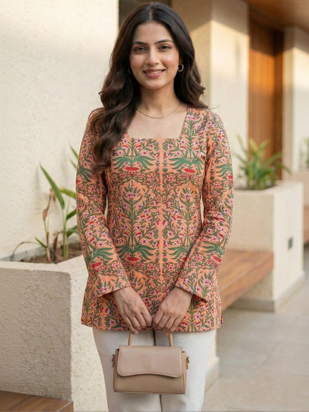 Buy LOVEPRASHA Floral Printed Square Neck Pure Cotton Blend Kurti ...