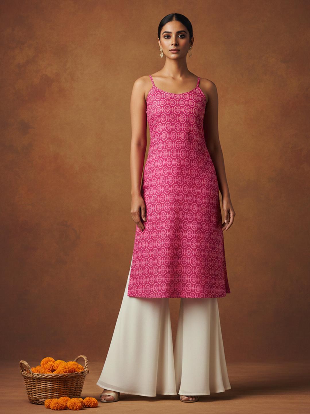 Buy Aspriya Ethnic Motifs Printed Shoulder Straps Straight Kurta ...