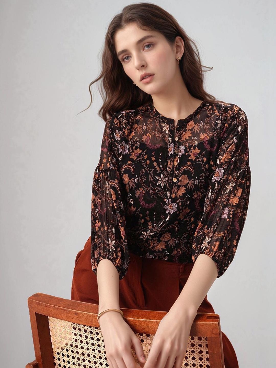 Buy DressBerry Floral Print Mandarin Collar Georgette Top - Tops for ...