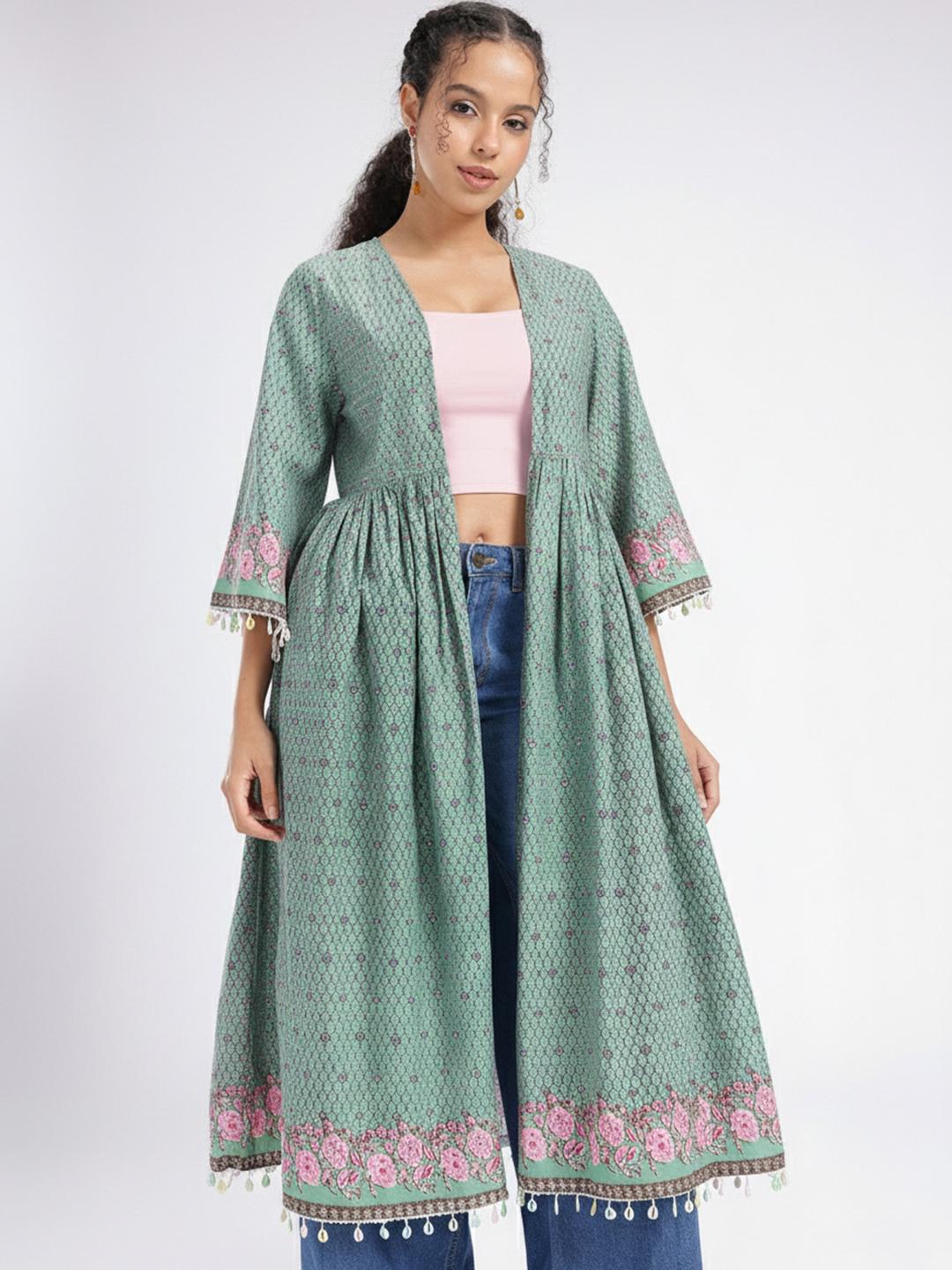 Buy Fusion By Glitchez Floral Printed Shell Embellished Longline Shrug ...