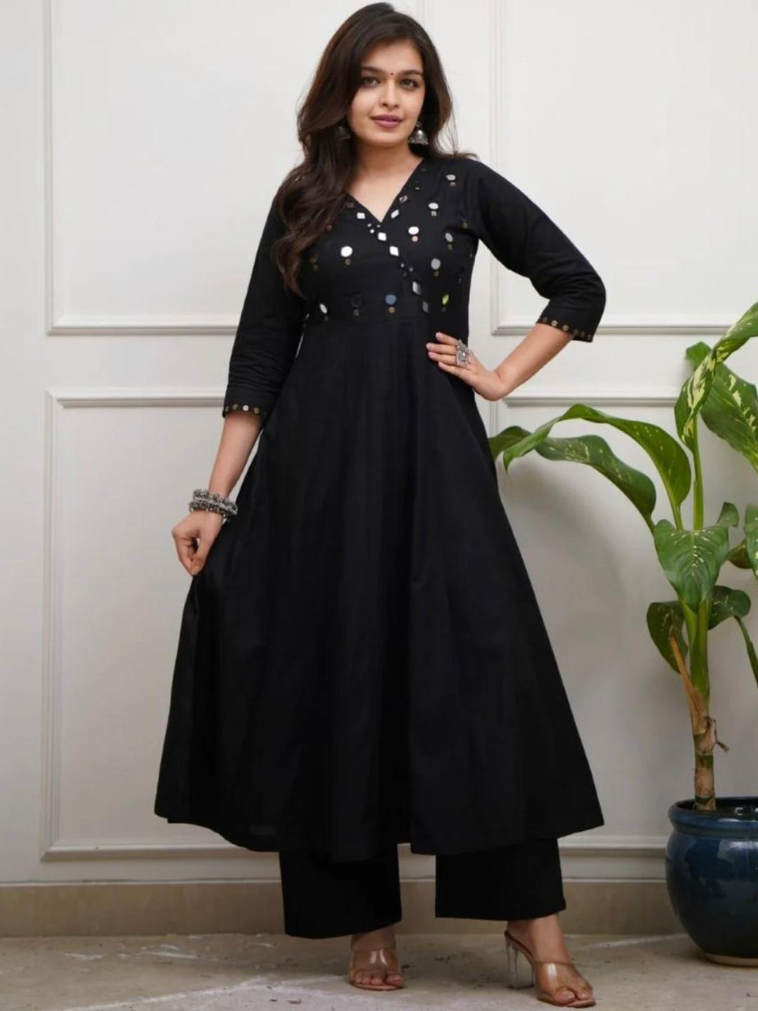 Buy ANGIYA Women Angrakha Mirror Work Kurta With Palazzos - Kurta Sets ...