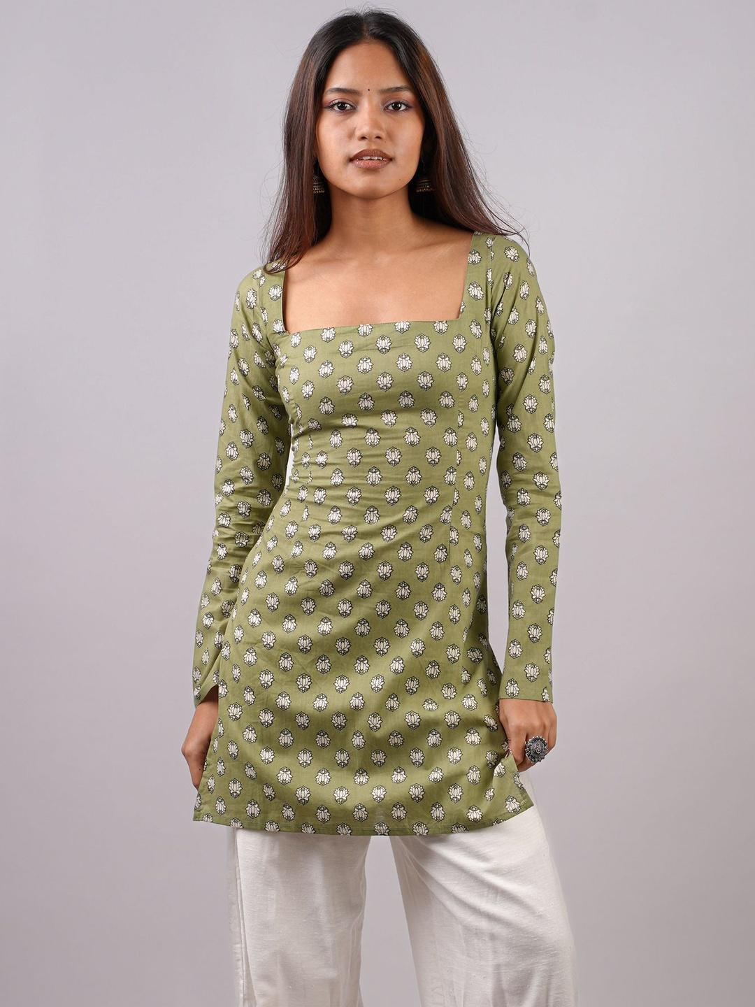 Buy NISHORAMA Botanical Printed Square Neck Pure Cotton Kurti - Kurtis ...