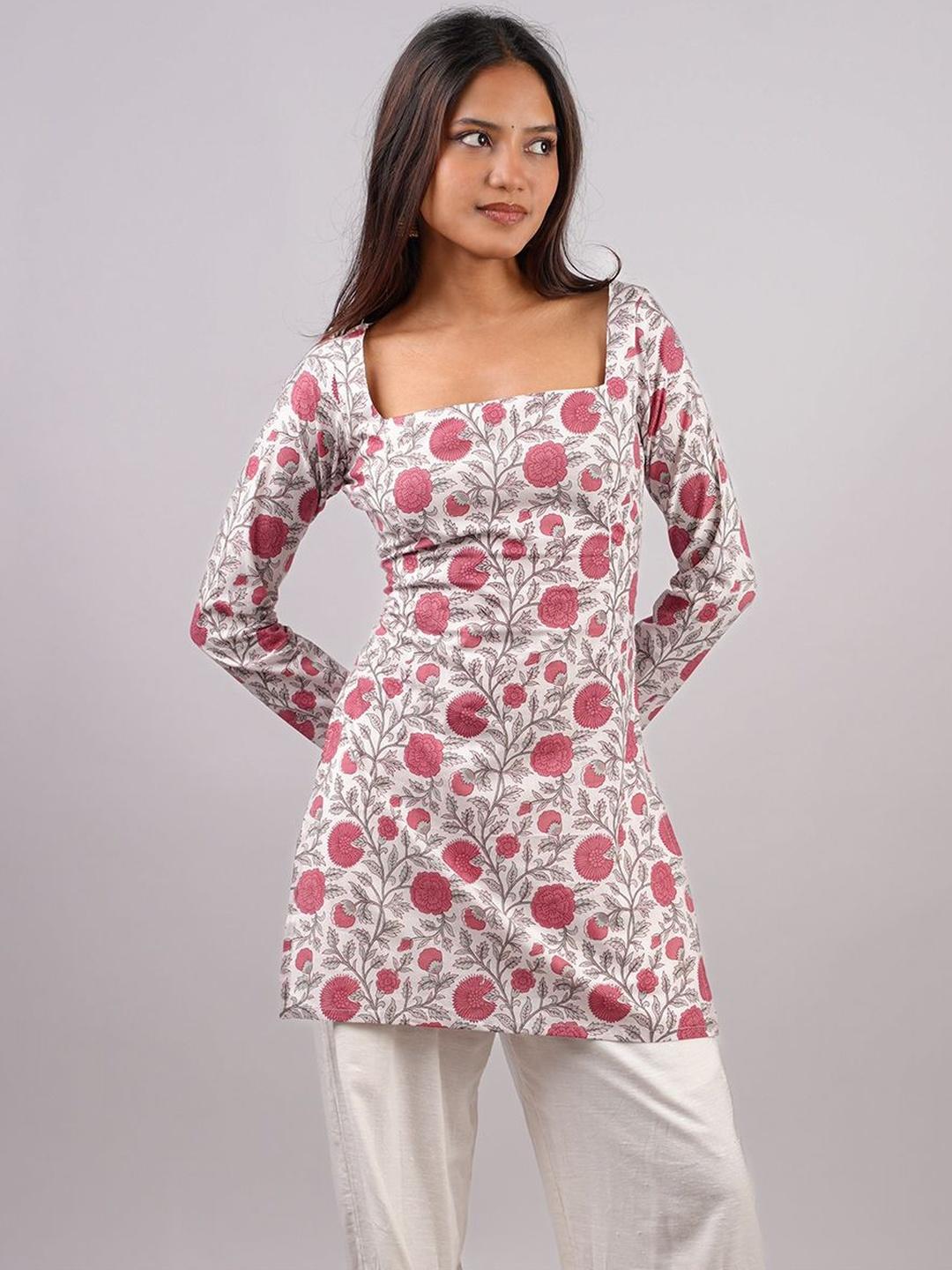 Buy NISHORAMA Botanical Printed Square Neck Pure Cotton Kurti - Kurtis ...