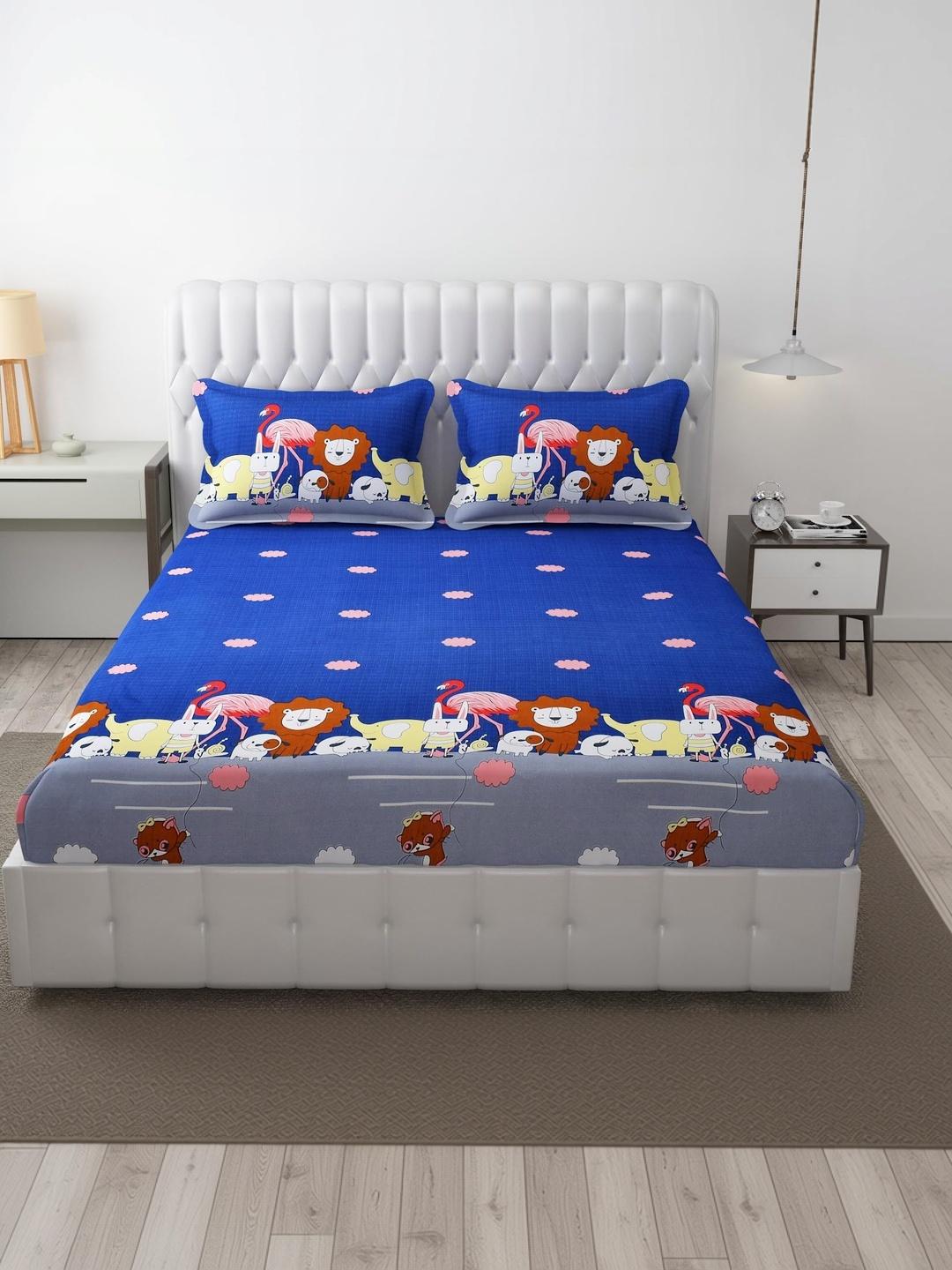 Buy Filymore Blue Cartoon Characters 300 TC Bedsheet With 2 Pillow ...
