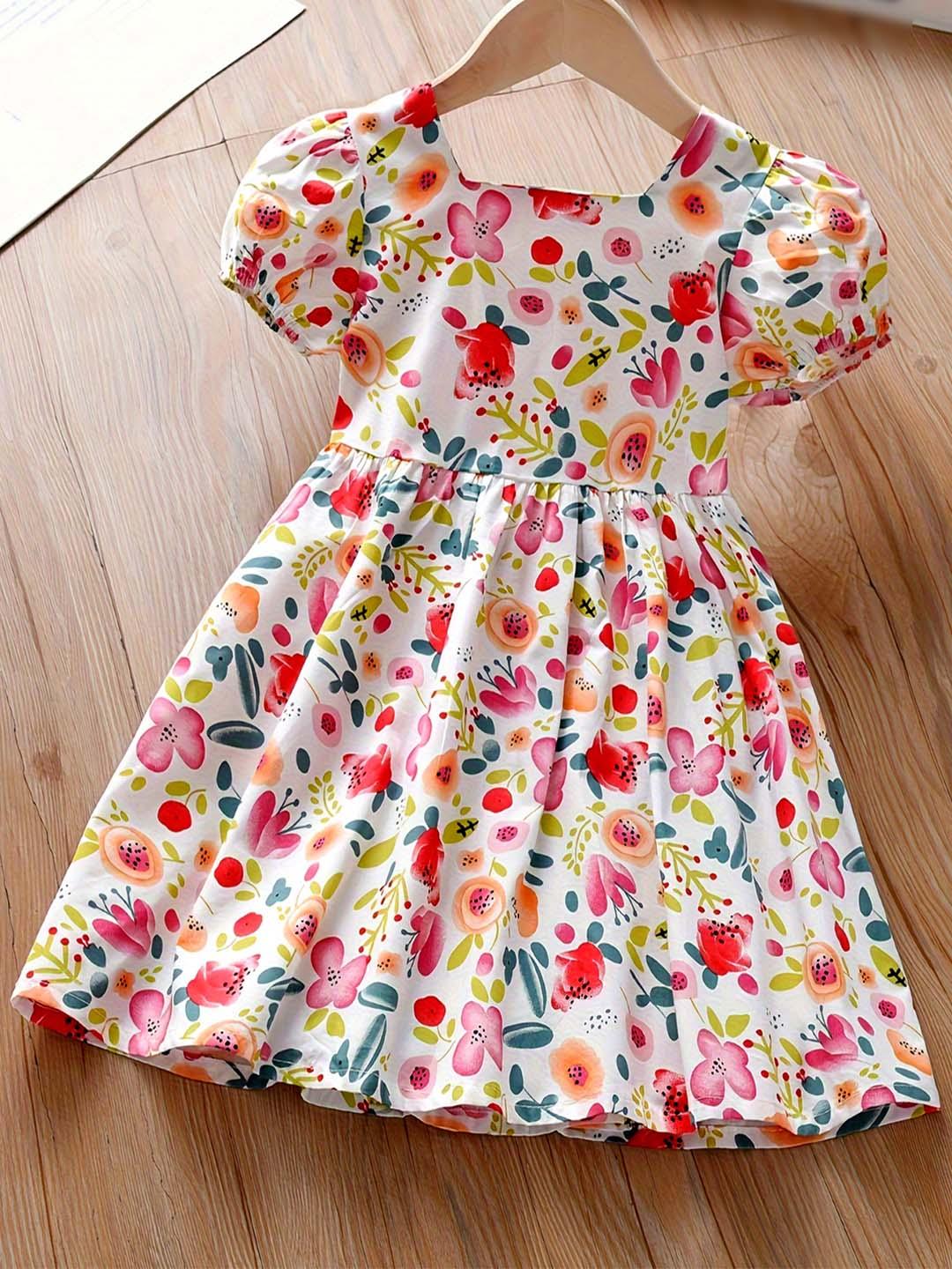 Buy OMPAX Girls Floral Print Puff Sleeve Fit And Flare Crepe Dress ...