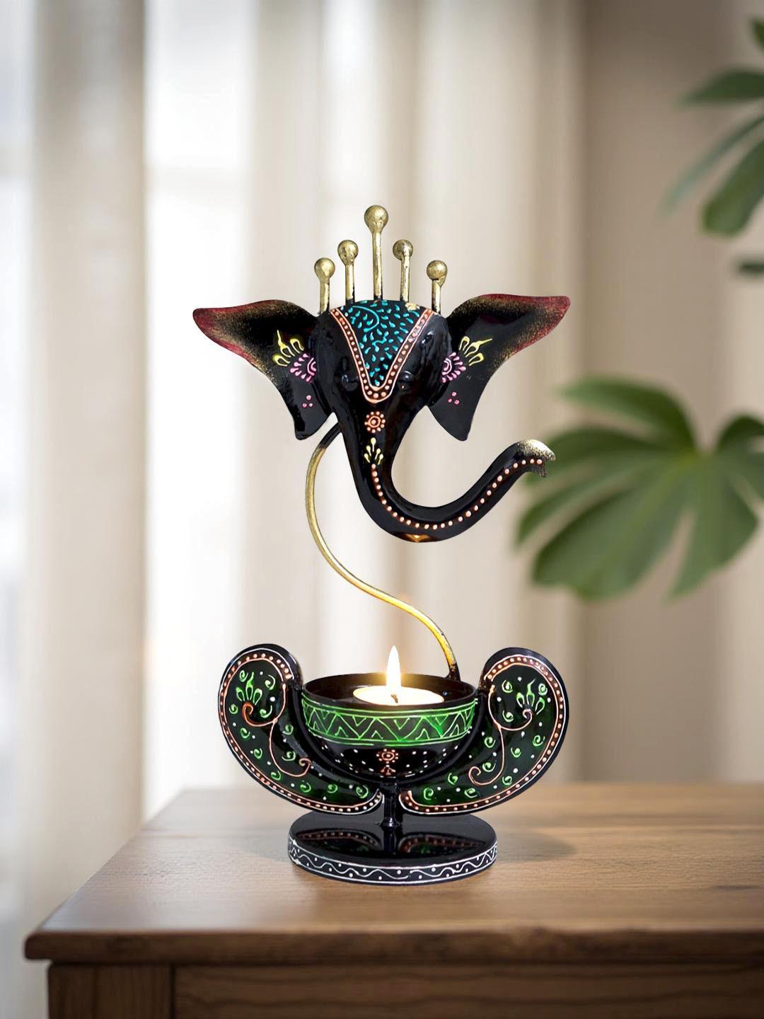Buy Golden Peacock Ganesha T Light Candle Stand Multicoloured Metal ...