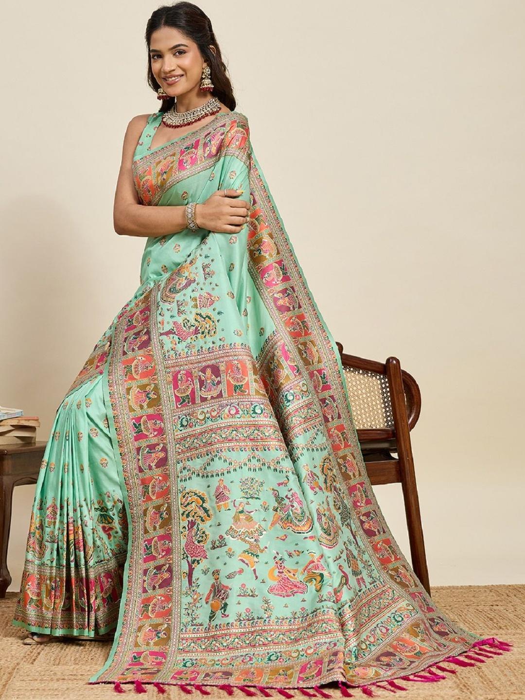 Buy DWIJA FASHION Ethnic Motifs Silk Blend Heavy Work Paithani Saree ...