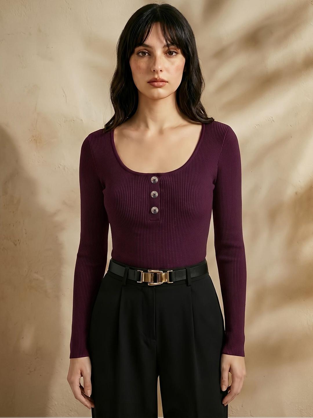 Buy Globus Scoop Neck Long Sleeves Button Detail Ribbed Bodysuit - Tops ...
