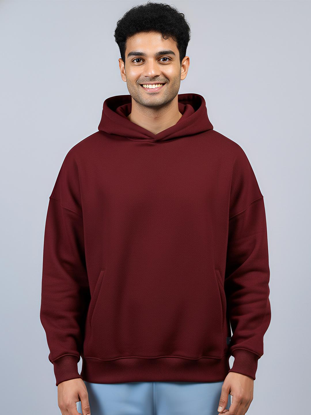 Buy Fitkin Men Fleece Burgundy Solid Hooded Winter Sweatshirt ...