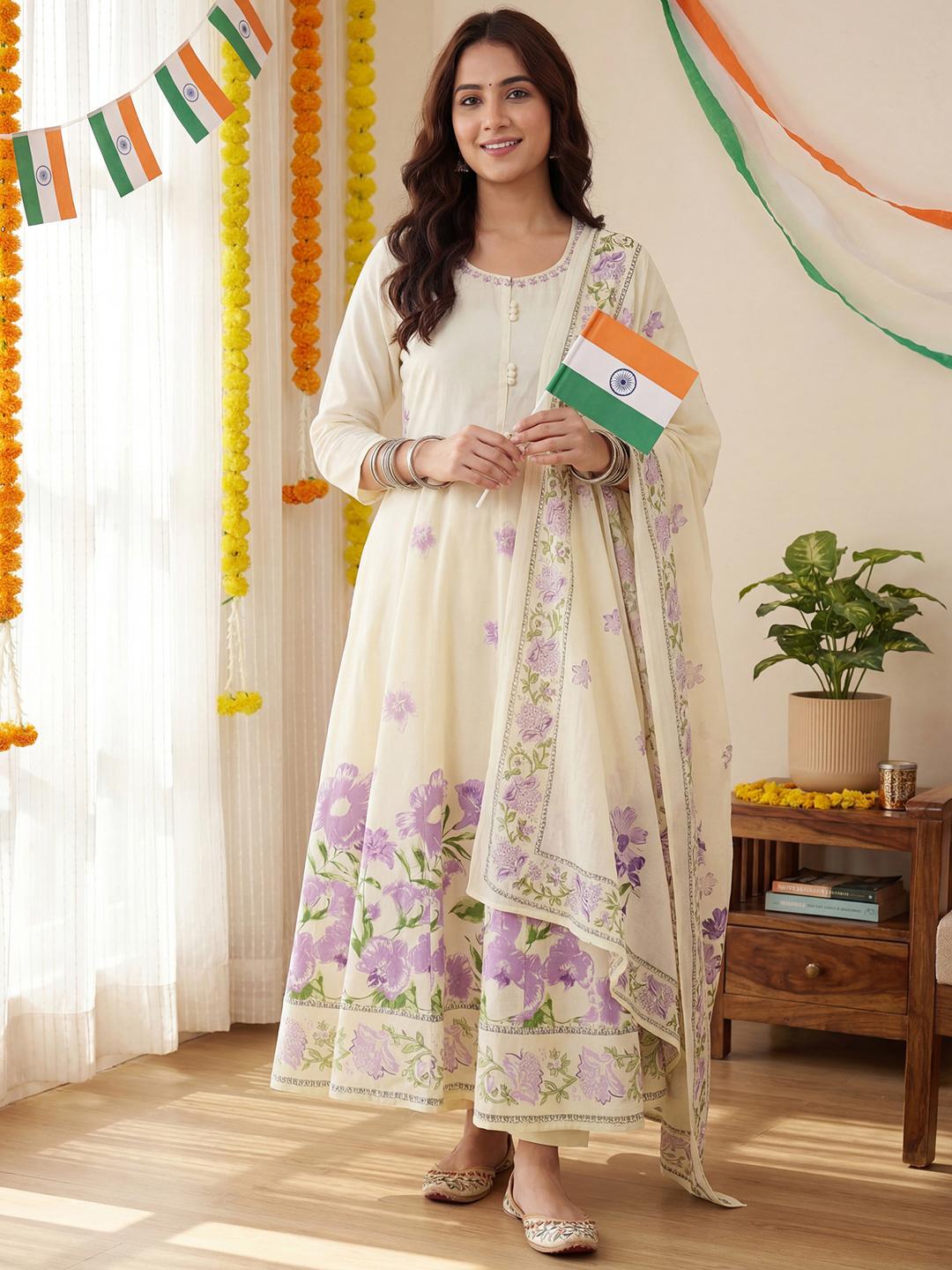 Buy Indo Era Floral Printed Beads & Stones Pure Cotton Kurta With ...