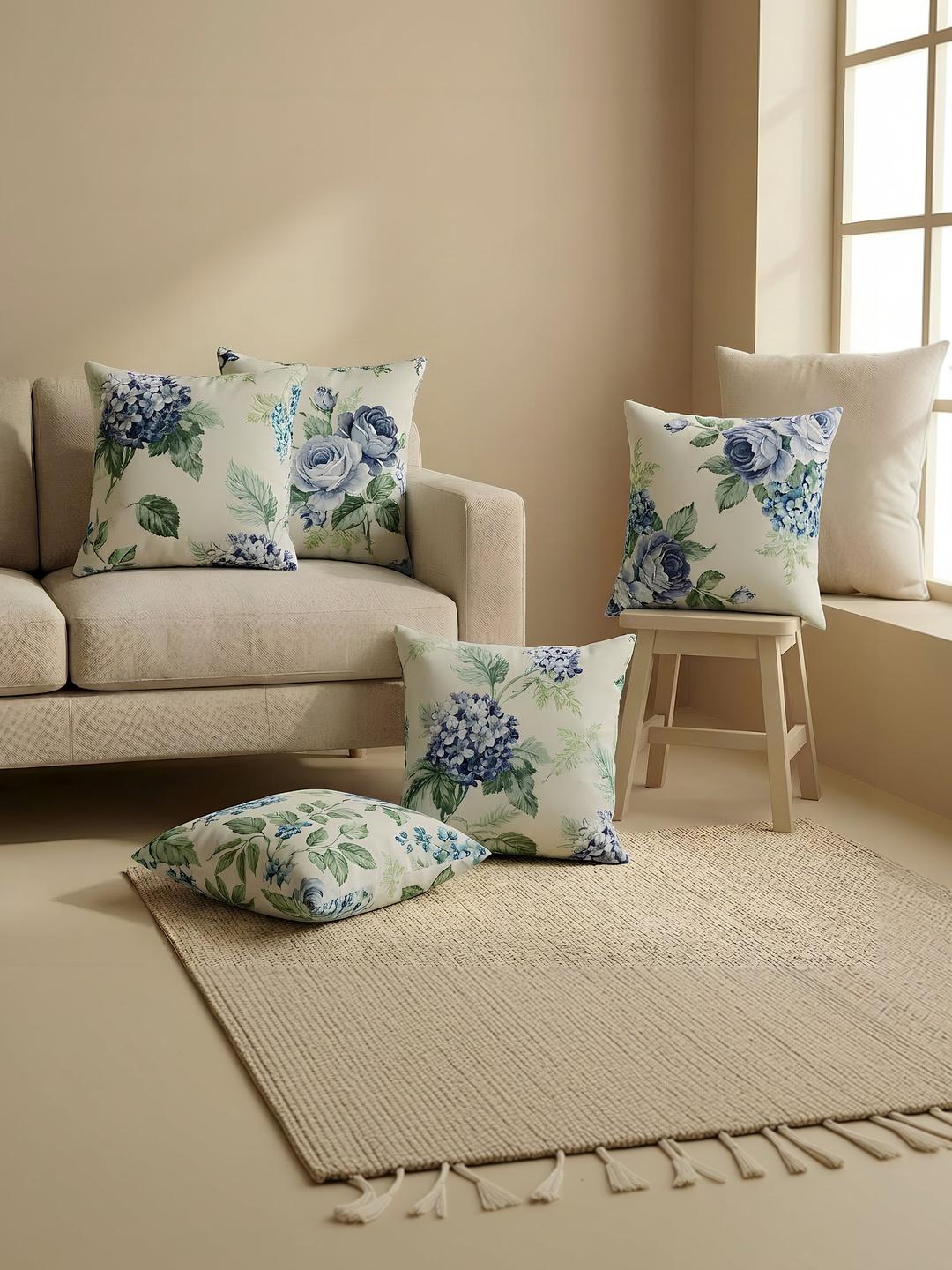 Buy Clasiko Off White & Green Set Of 5 Floral Square Cushion Covers ...