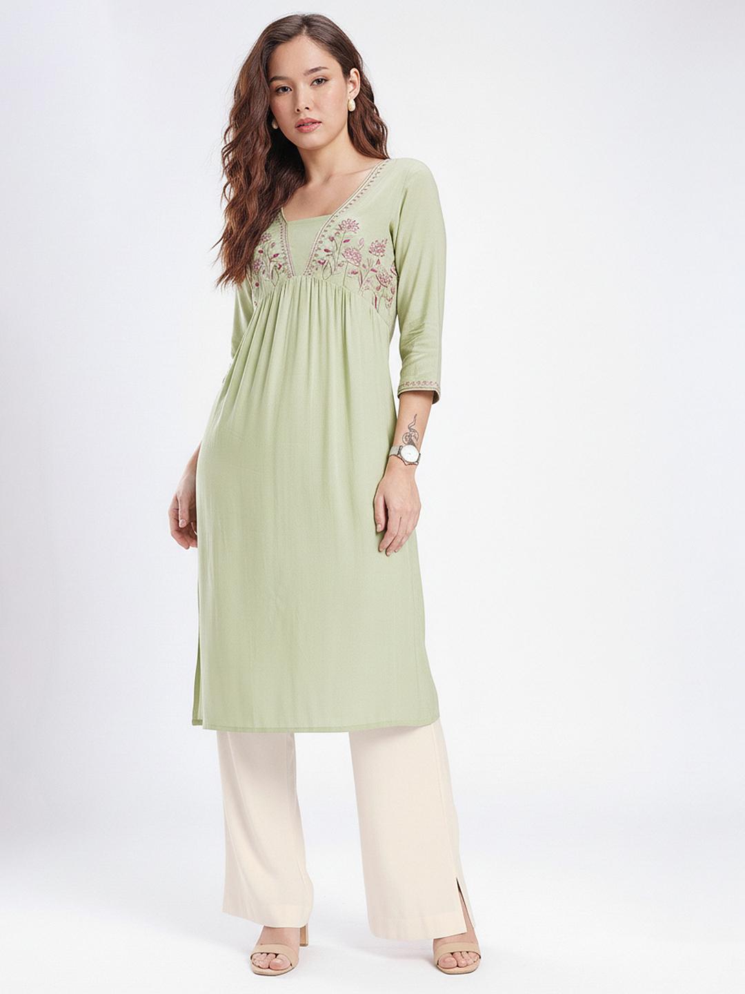 Buy Fusion By Glitchez Floral Embroidered Square Neck A Line Kurta ...