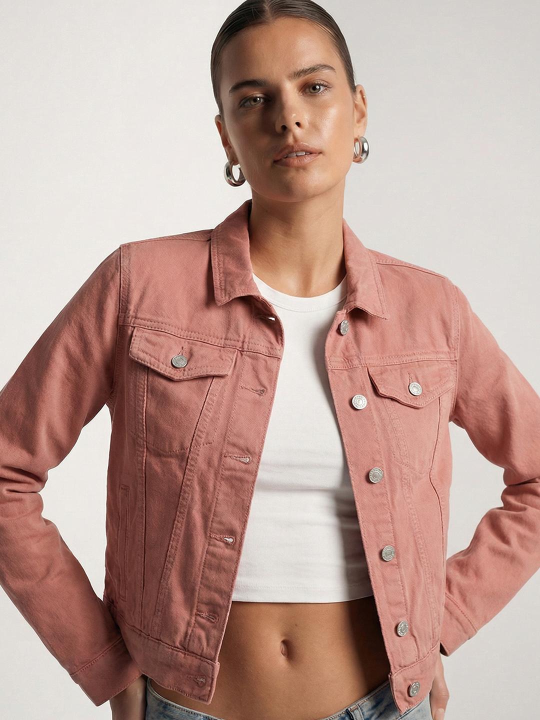 Buy Tokyo Talkies Women Pink Solid Denim Jacket - Jackets for Women ...