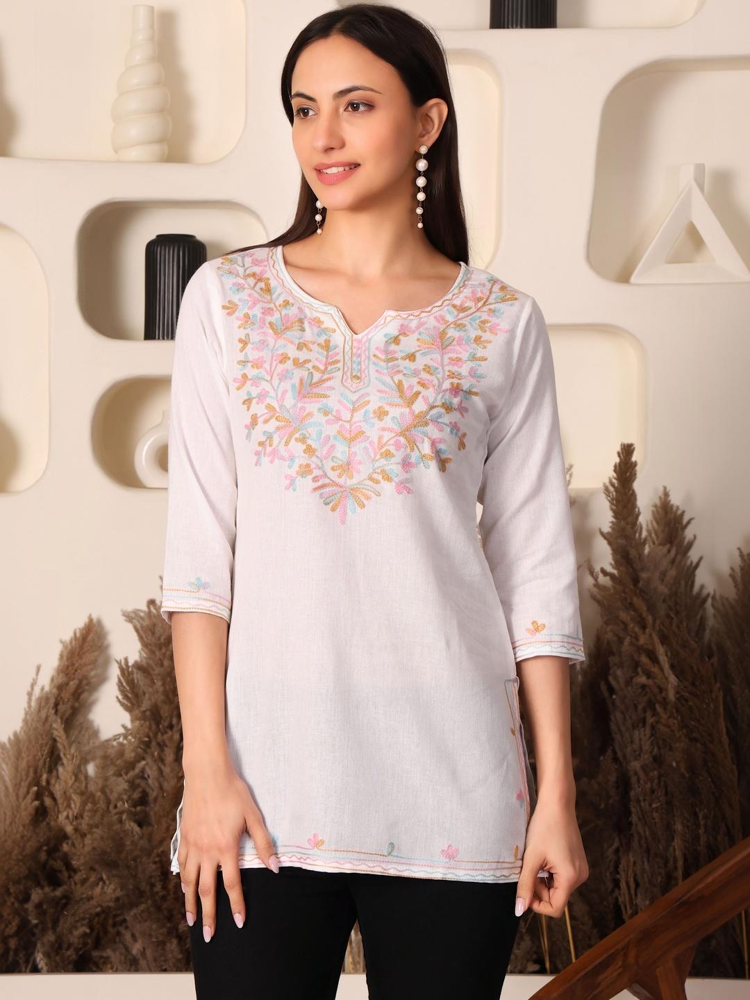 Buy Taziraa Ethnic Motifs Embroidered V Neck Thread Work Pure Cotton ...