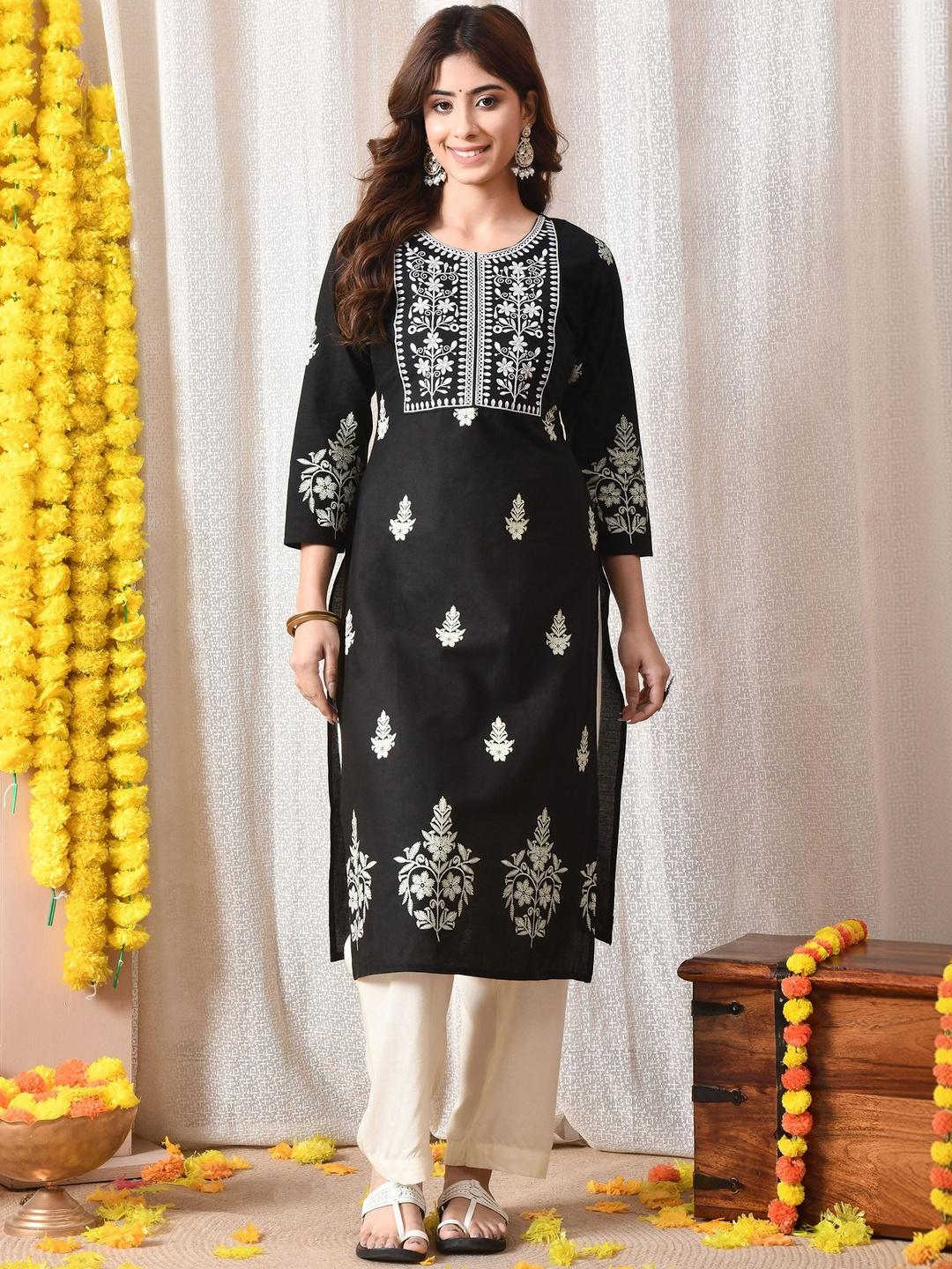 Buy KJFAB Women Floral Printed Mirror Work Floral Kurta - Kurtas for ...