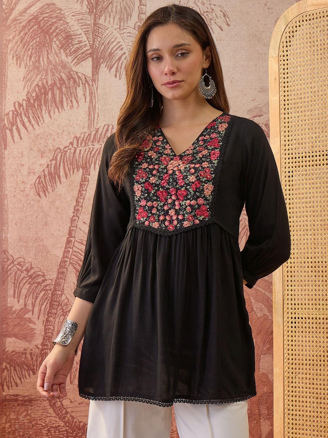 Buy Sangria Floral Embroidered V Neck Sequinned Kurti - Kurtis for ...