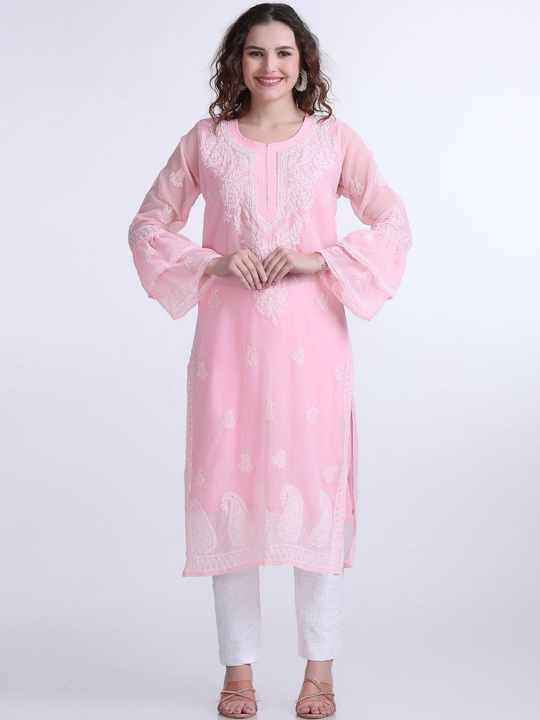 Buy FIIZA Ethnic Motifs Embroidered Flared Sleeves Chikankari ...