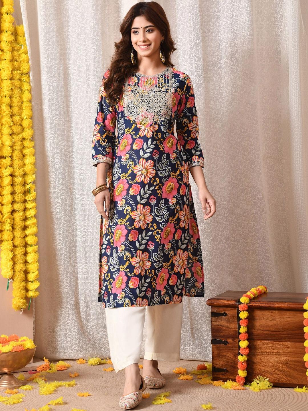 Buy KJFAB Women Floral Printed Thread Work Floral Kurta - Kurtas for ...
