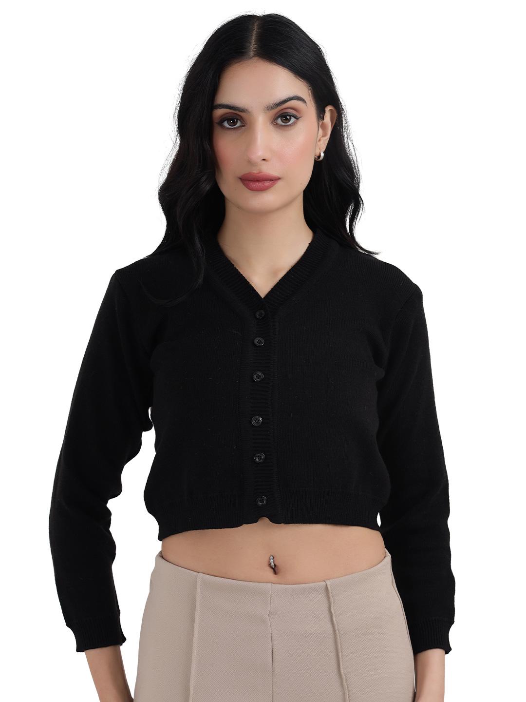 Buy FEMULA Women Black V Neck Long Sleeves Ribbed Woolen Crop Top ...