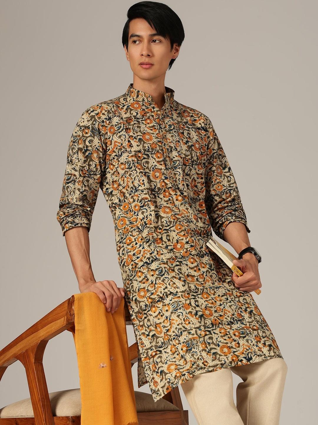 Buy DENNISON Men Floral Printed Block Print Kurta - Kurtas for Men ...