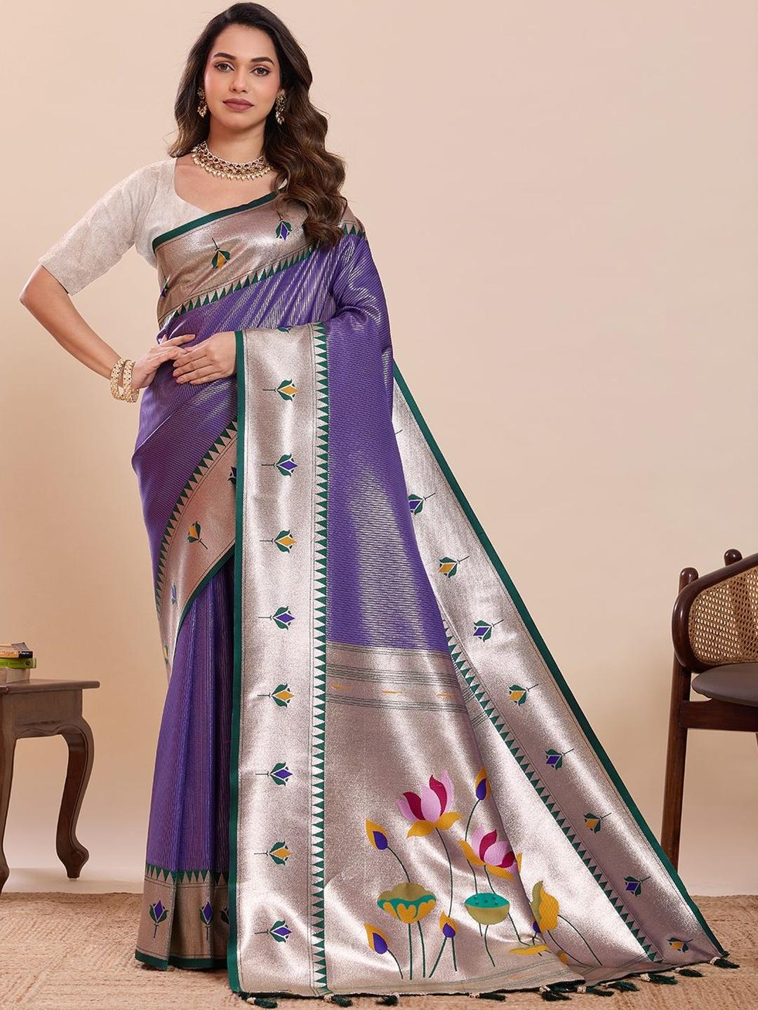 Buy VARNI FABRICS Floral Zari Silk Blend Paithani Saree - Sarees for ...