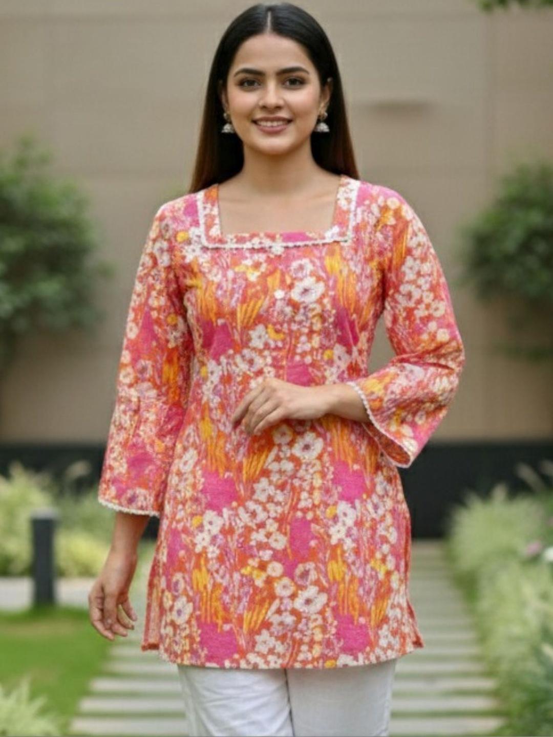 Buy OZIA Floral Printed Square Neck Pure Cotton Kurti - Kurtis for ...