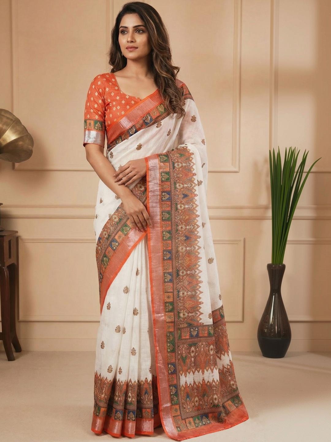 Buy TIGER SNAKE Ethnic Motifs Linen Blend Handloom Khadi Saree - Sarees ...