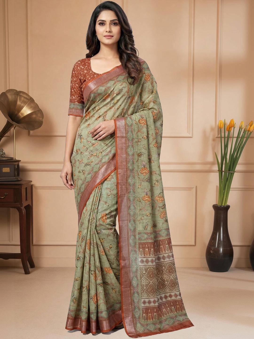 Buy TIGER SNAKE Floral Linen Blend Handloom Khadi Saree - Sarees for ...