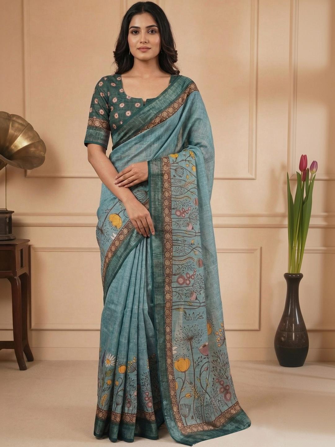 Buy TIGER SNAKE Floral Linen Blend Khadi Saree - Sarees for Women ...