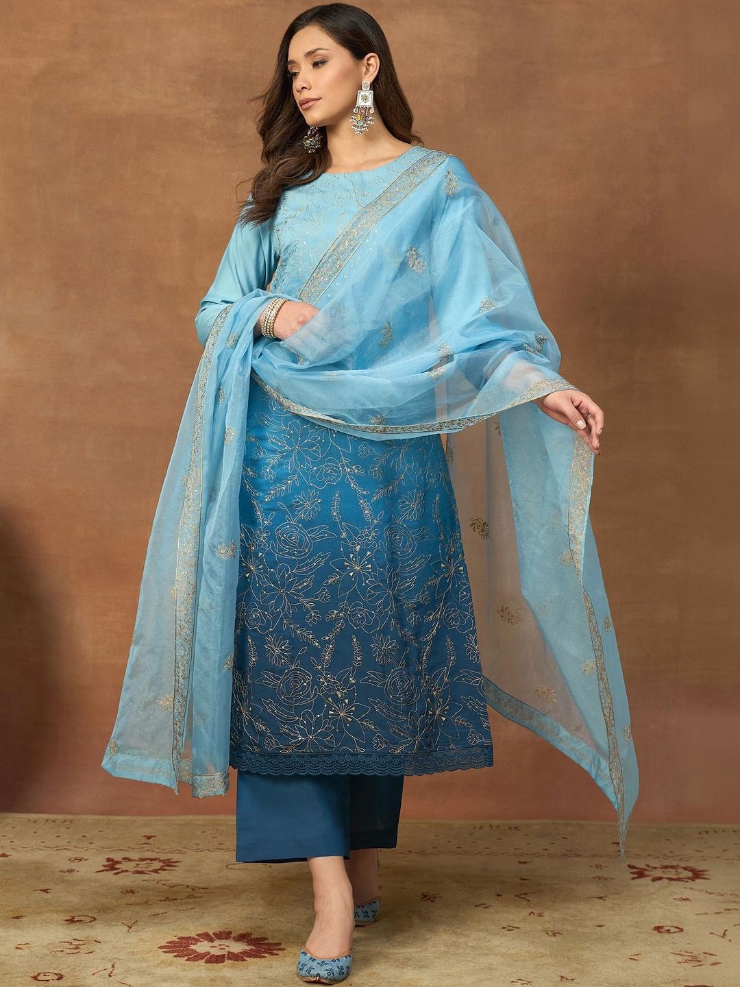 Buy Inddus Women Ethnic Motifs Embroidered Regular Thread Work Kurta ...