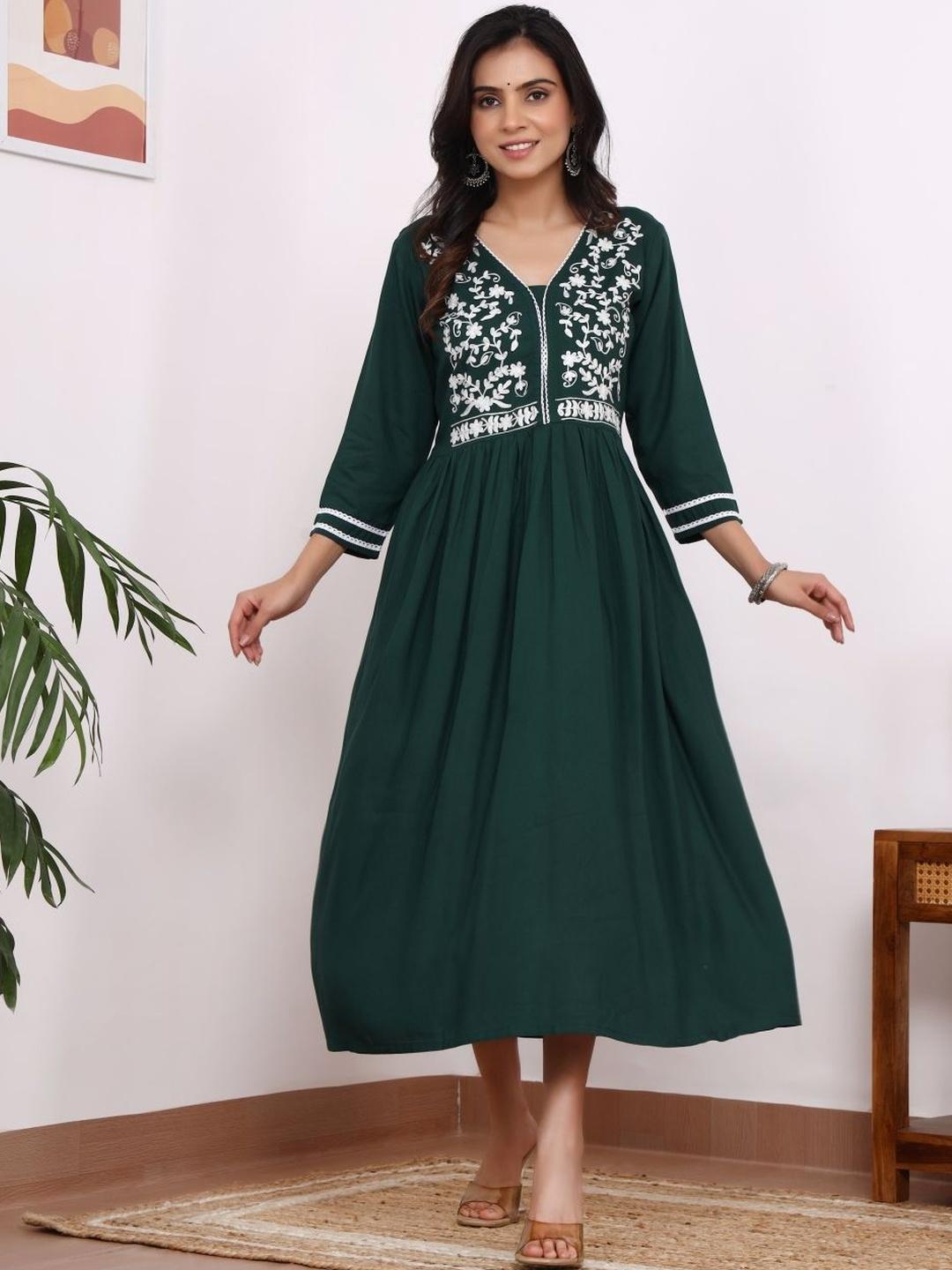 Buy SAFOORA CREATION Floral Embroidered Fit & Flare Midi Dress ...