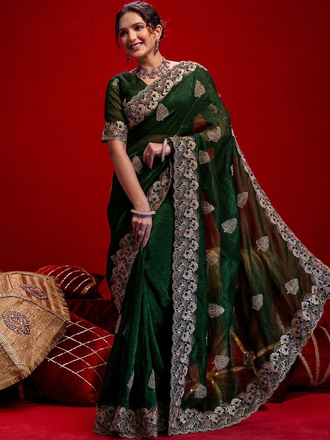 Buy Satrani Ethnic Motifs Embroidered Pure Chiffon Saree With Designer ...