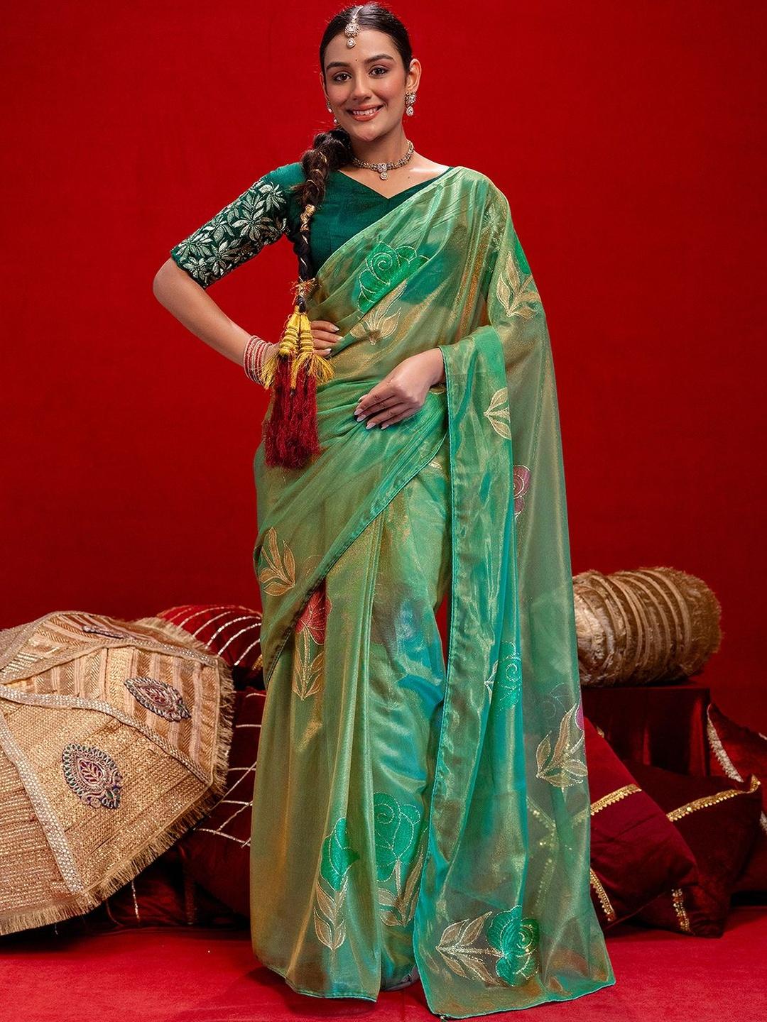 Buy Satrani Embroidered Embellished Supernet Saree With Designer Blouse ...