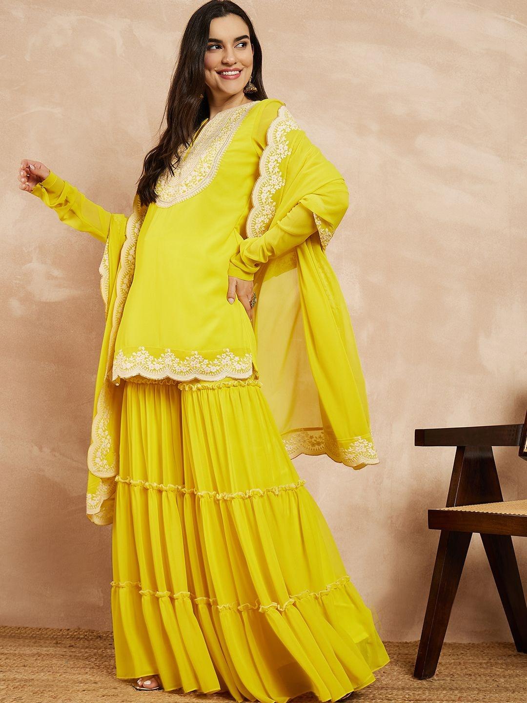Buy Inddus Women Ethnic Motifs Embroidered Regular Thread Work Kurta ...