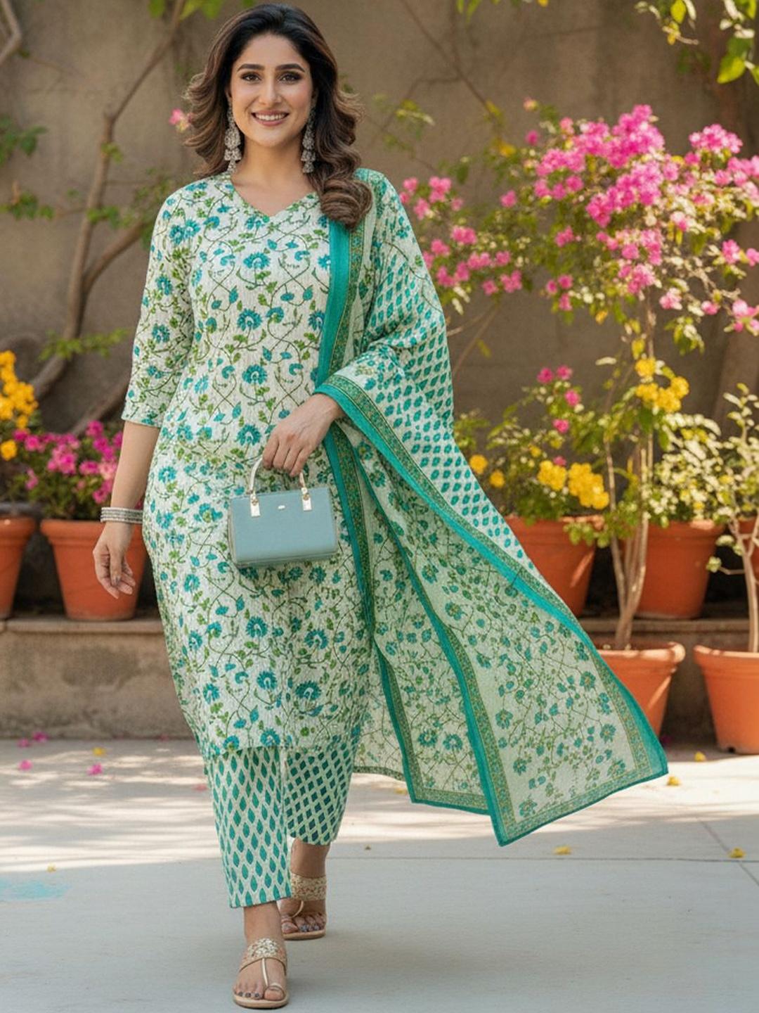 Buy PITRIS Women Floral Printed Regular Kurta With Trousers & With ...
