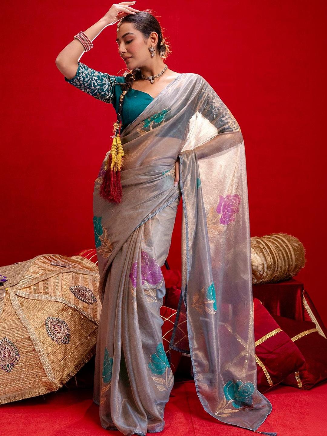 Buy Satrani Embroidered Embellished Supernet Saree With Designer Blouse ...