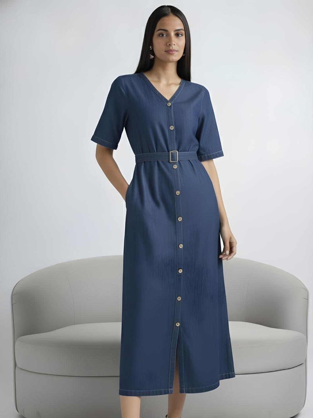 Buy GlamZei Women Solid Denim Cotton V Neck Shirt Midi Dress - Dresses ...
