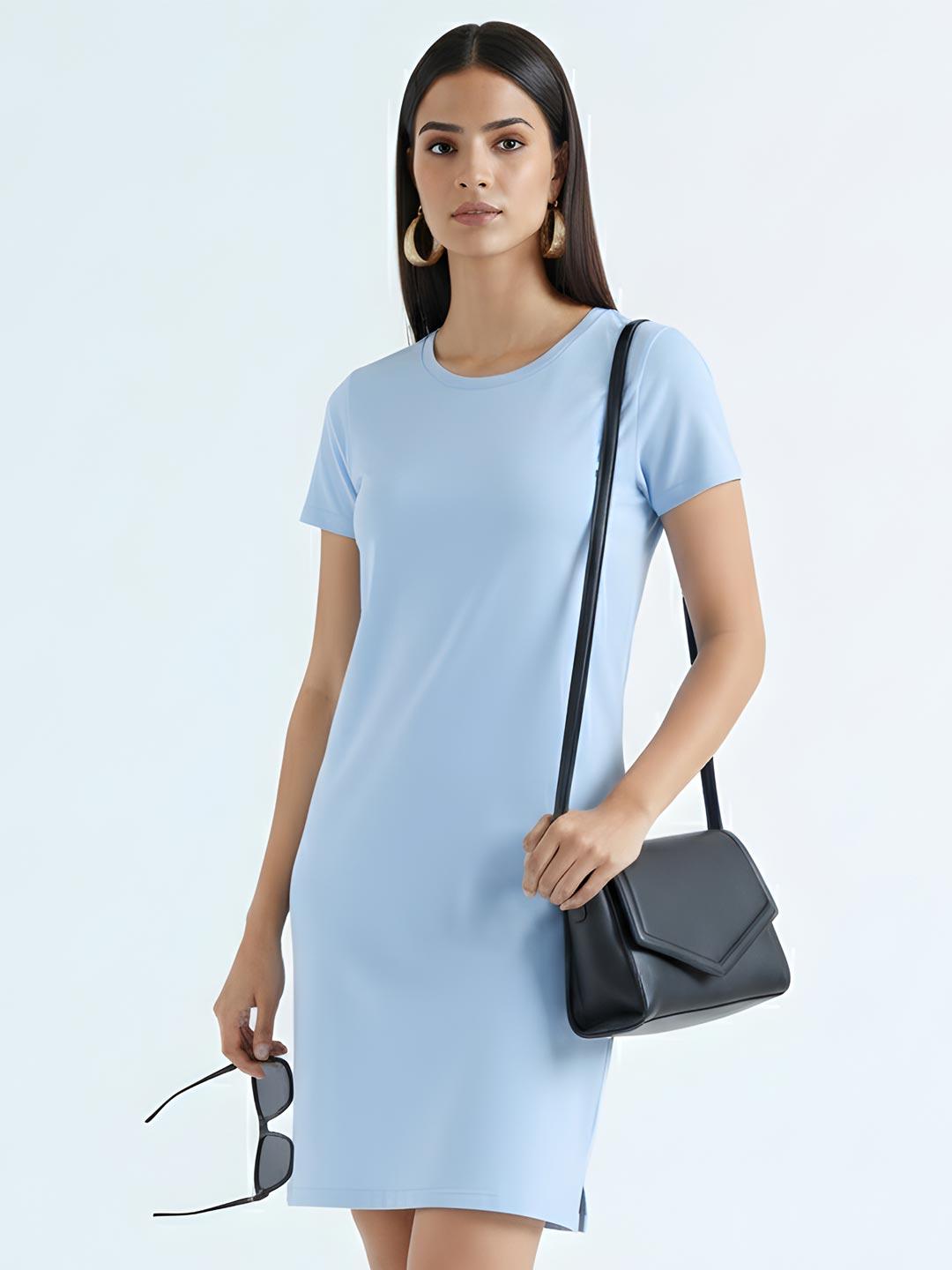 Buy GlamZei Women Blue Solid Round Neck Knee Length Casual Shift Dress ...