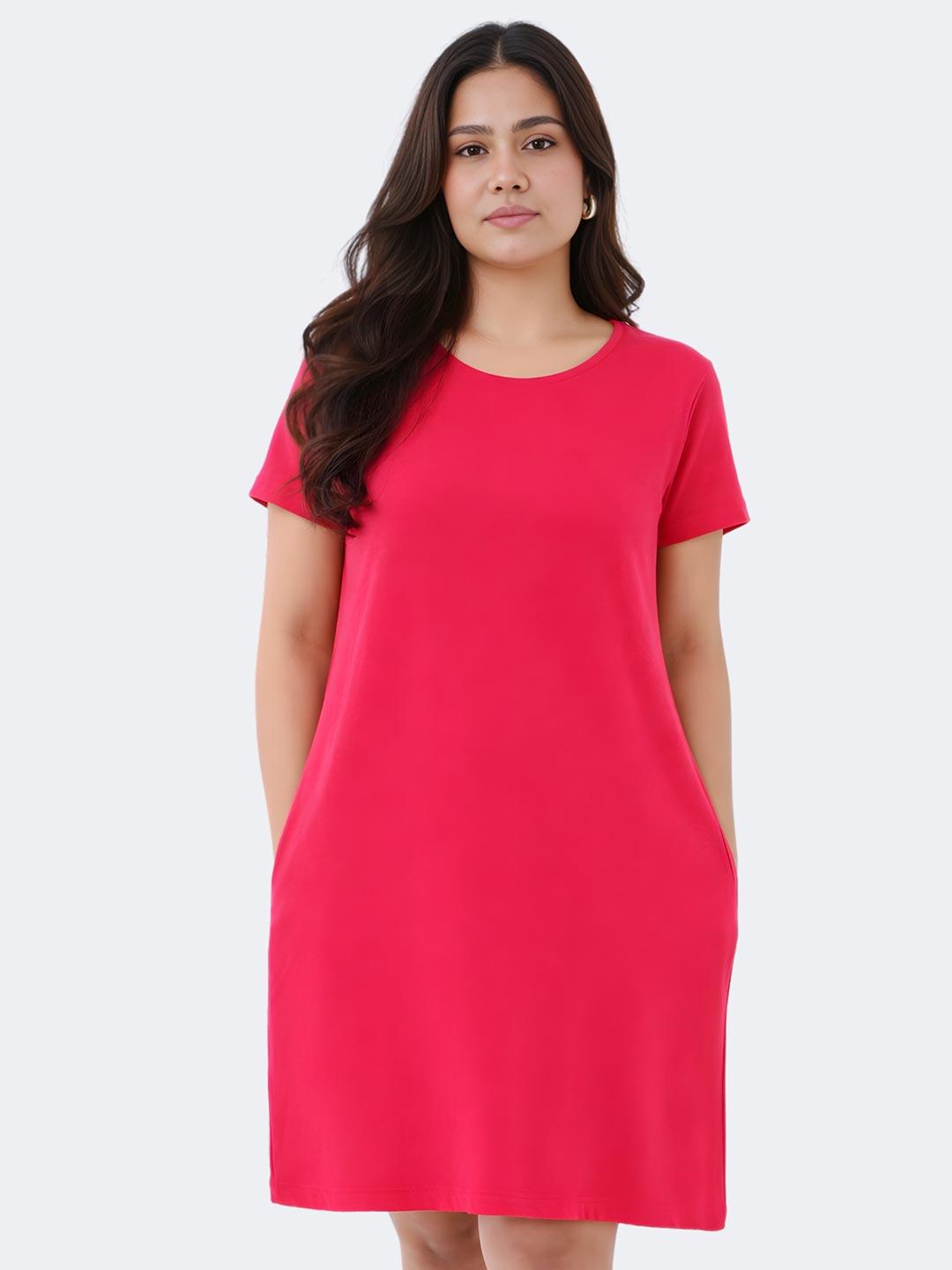 Buy GlamZei Women Magenta Pink Solid Round Neck Knee Length Casual ...