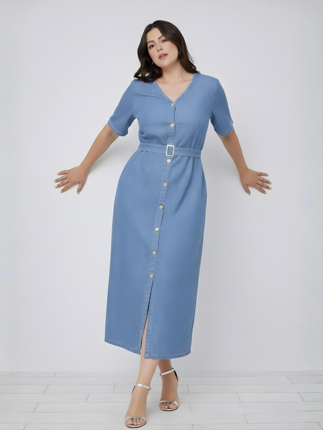 Buy GlamZei Women Solid Denim Cotton V Neck Shirt Midi Dress - Dresses ...