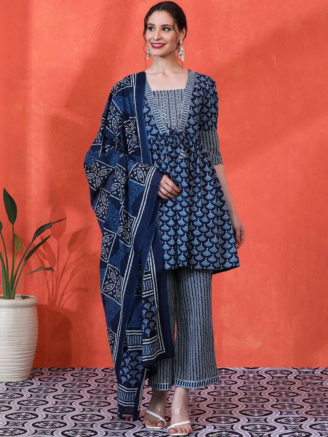 Buy Sangria Embroidered Pure Cotton Square Neck Kurta Trousers ...