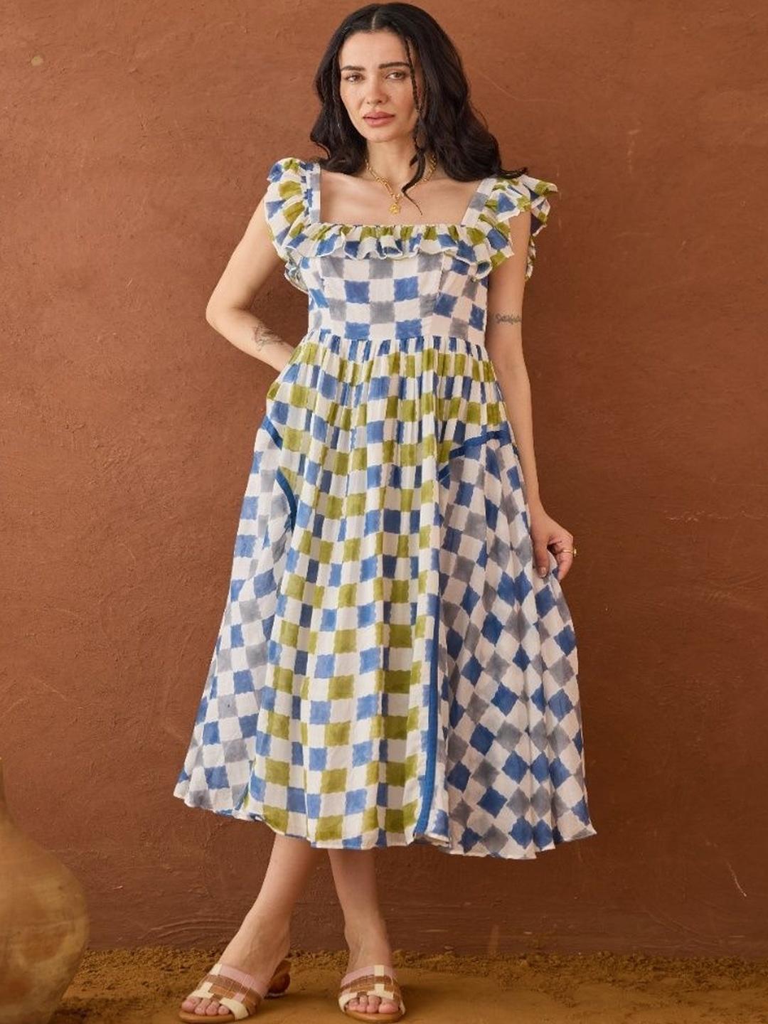 Buy Taro India Checked Flutter Sleeve Ruffled A Line Midi Dress ...
