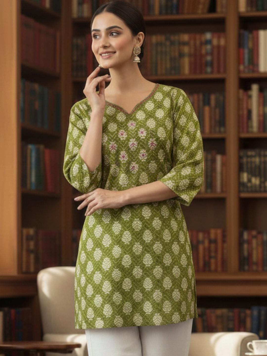 Buy Mokshielite Ethnic Motifs Embellished V Neck Mirror Work Pure ...