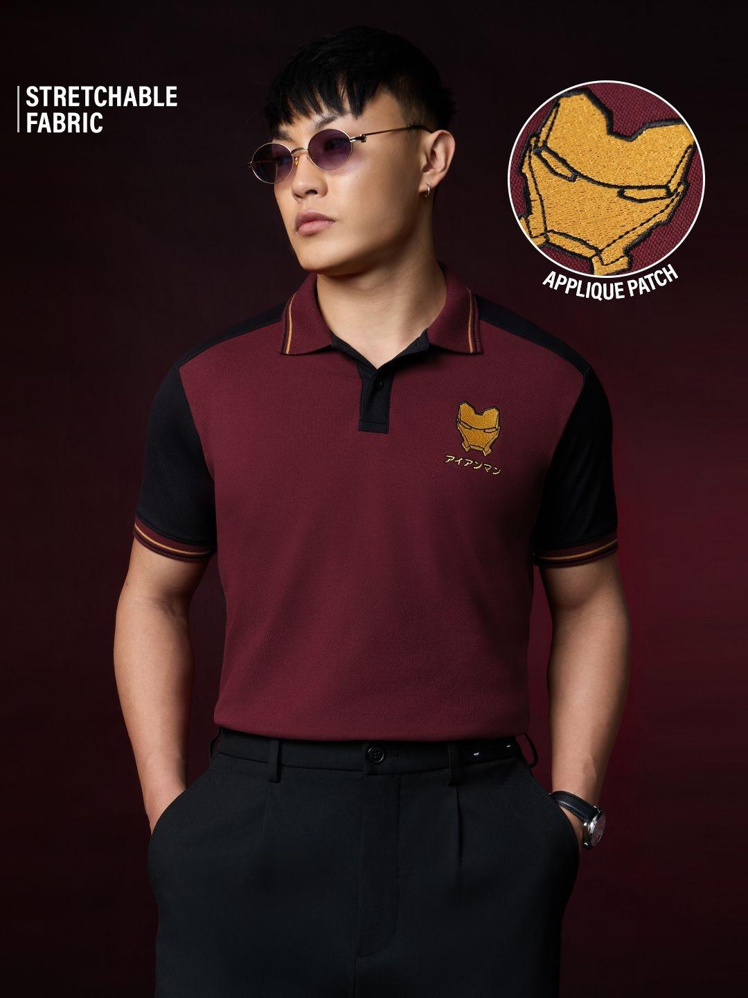 Buy The Souled Store Men Regular Fit Iron Man Printed Burgundy Polos ...