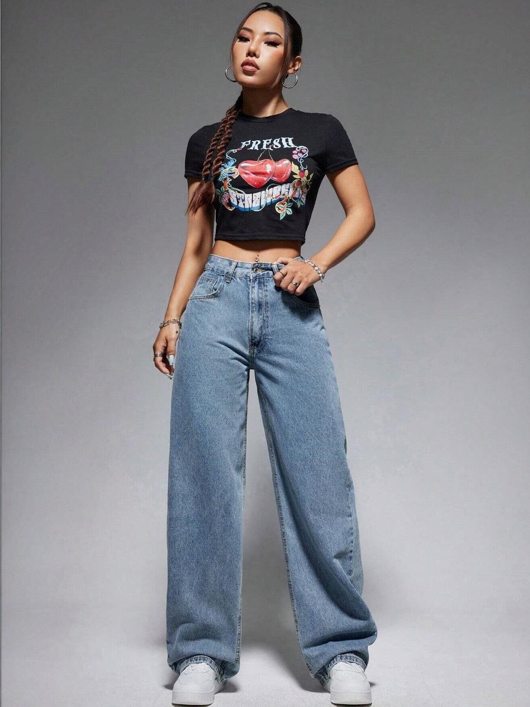 Buy A J FASHION HUB Women Wide Leg High Rise Light Fade Jeans - Jeans ...