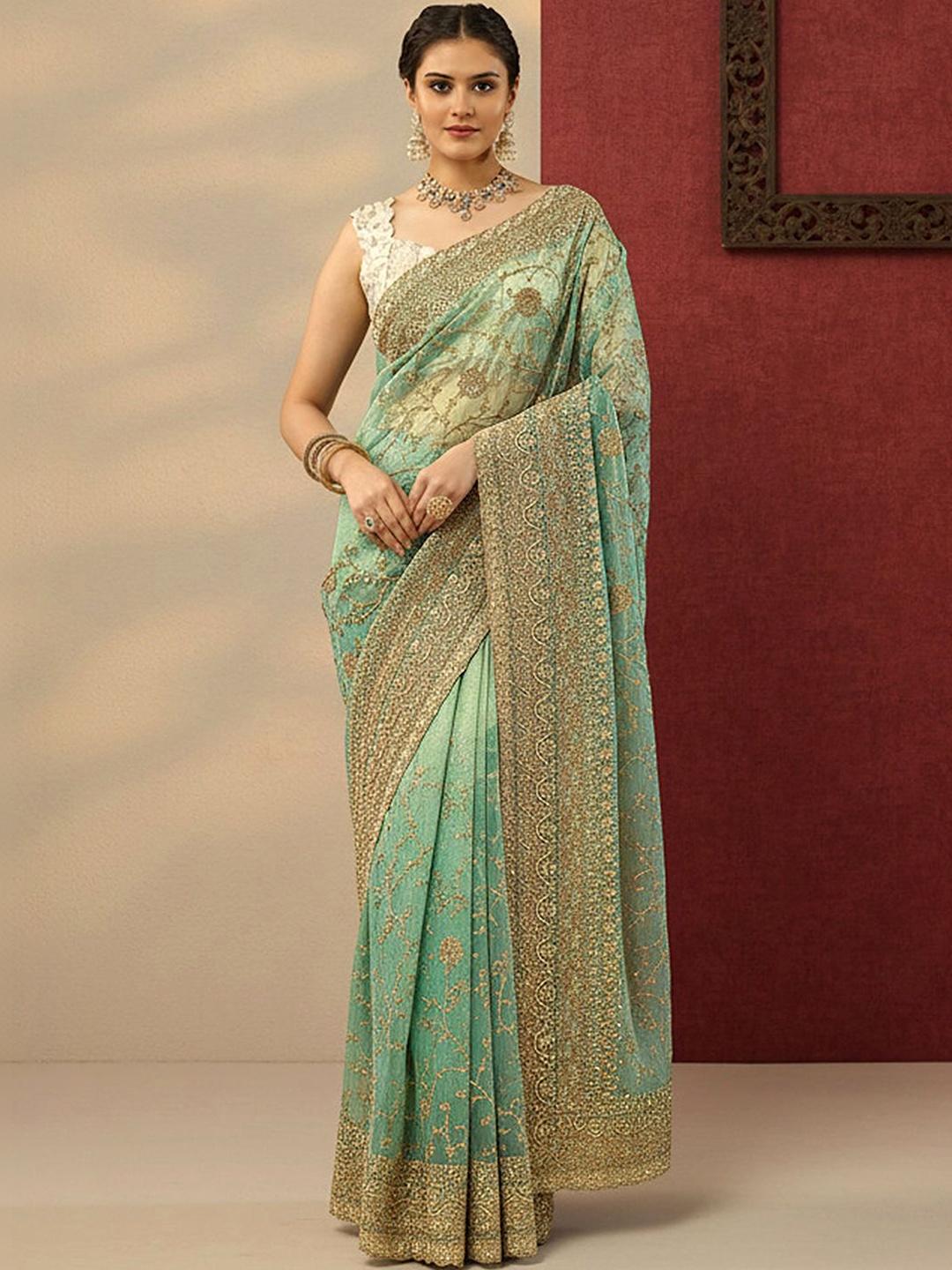 Buy Libas Blue Embroidered Banarasi Nylon Saree With Unstitched Blouse ...