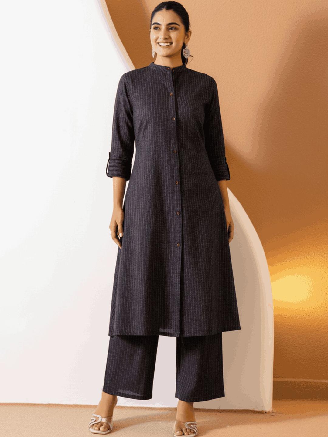 Buy Tarubi Women Striped Regular Pure Cotton Kurta With Trousers ...